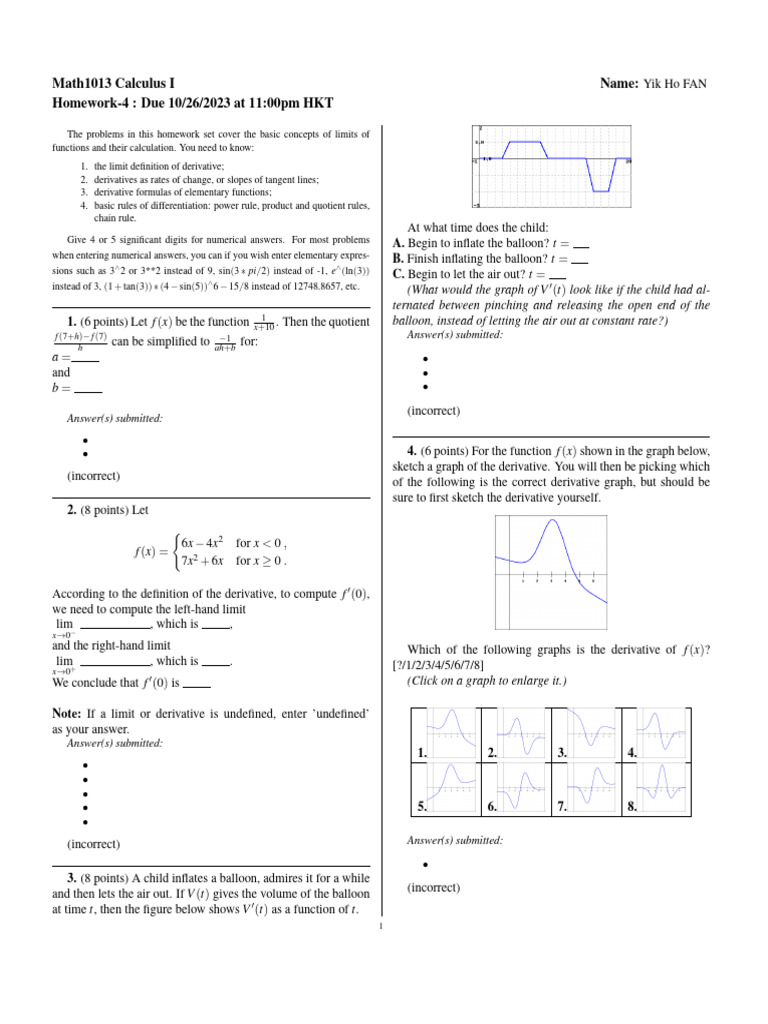 2023 FALL MATH1012.Yhfanac - Homework-4 | PDF | Derivative | Functions And Mappings