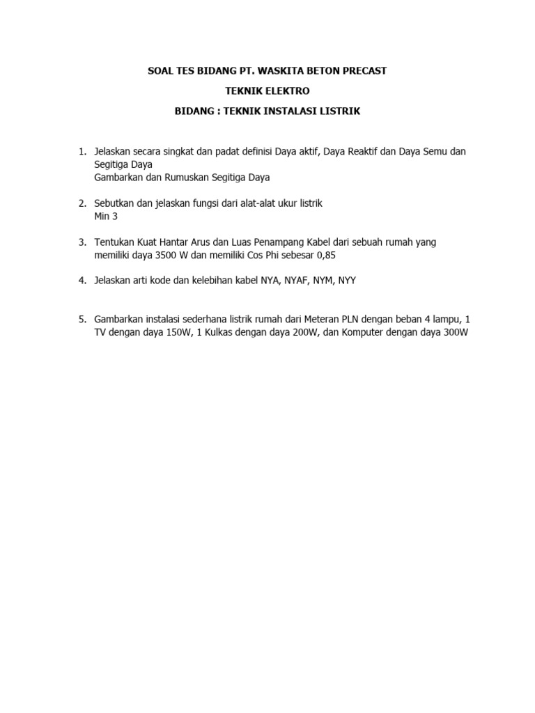 SOAL TES BIDANG - Teknik Instalasi Listrik | PDF