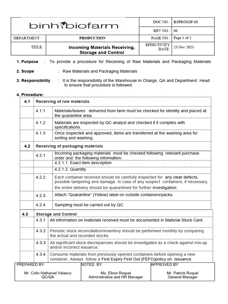 SOP Receiving of Incoming Materials (Re) | Download Free PDF | Business ...