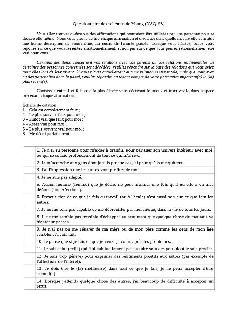 Questionnaire des schémas de Young (YSQ-S3) | PDF