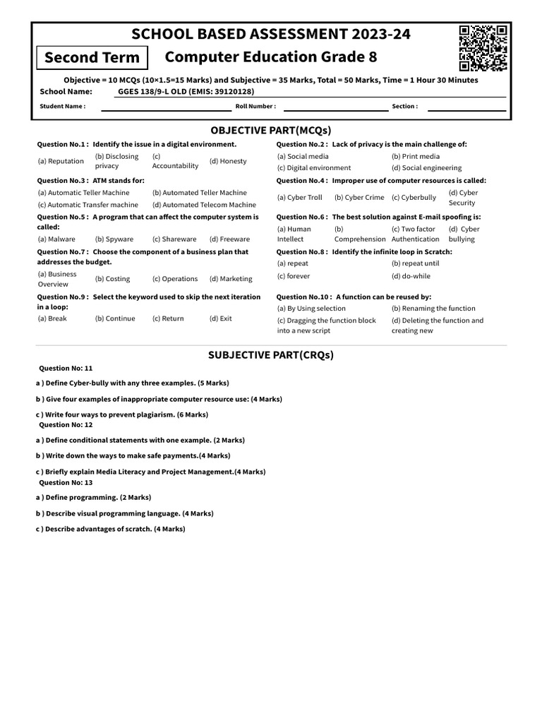 School Based Assessment 2023-24 Second Term Computer Education Grade 8 ...
