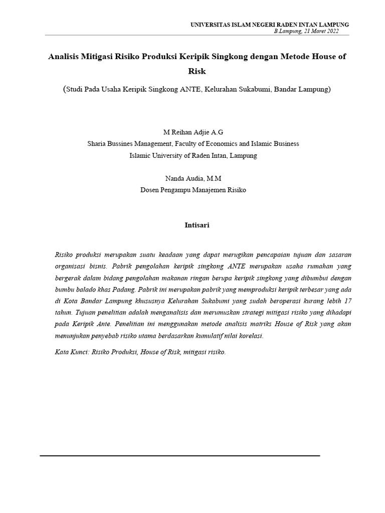 Analisis Mitigasi Risiko Produksi Keripik Singkong Dengan Metode House ...