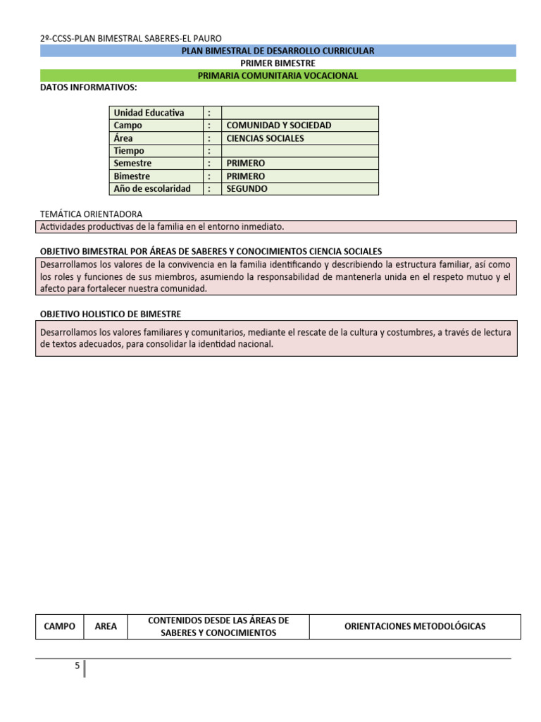 2º-Ccss-Plan Bimestral Saberes-El Pauro | PDF | Conocimiento | Sociedad