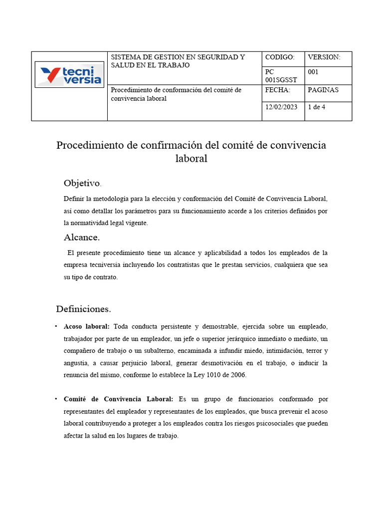 Procedimiento de Conformacion Del Comite de Convivencia Laboral | Descargar gratis PDF | Derecho ...