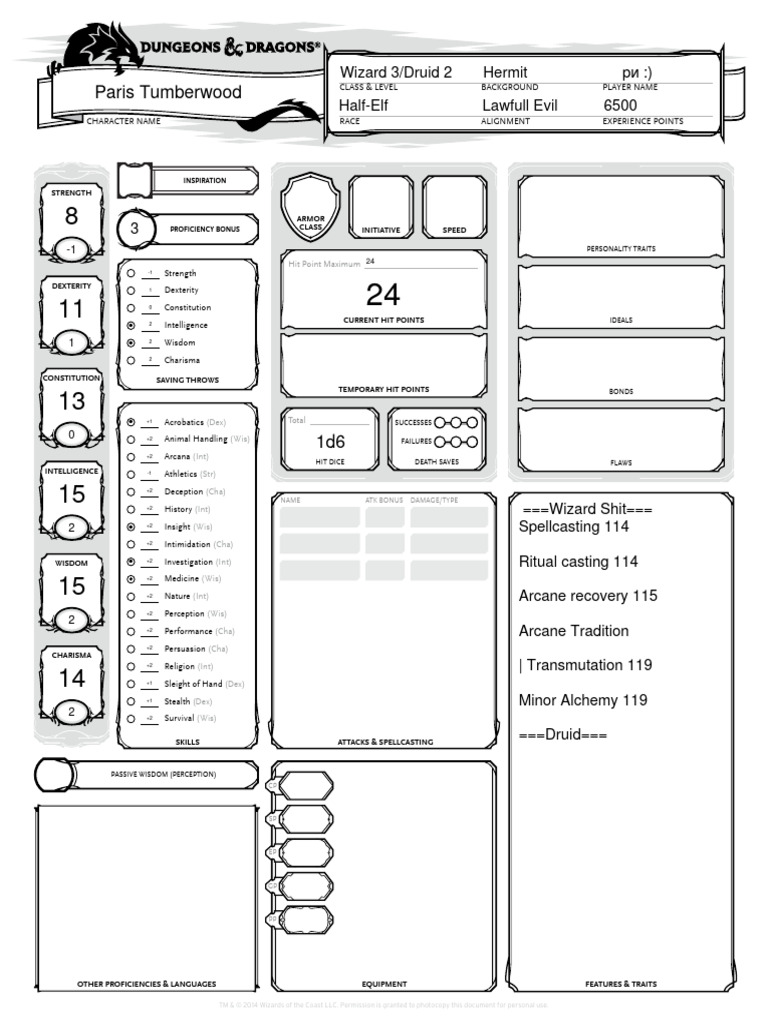 5E DD - Character Sheet Form Fillable | PDF | Role Playing Games | Gary ...