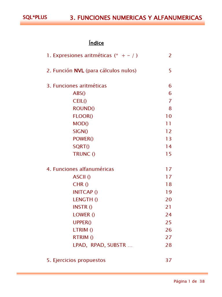 I Parte SQL Plus 3 Funciones Numericas Alfanumericas-1 | PDF | SQL | Raíz cuadrada