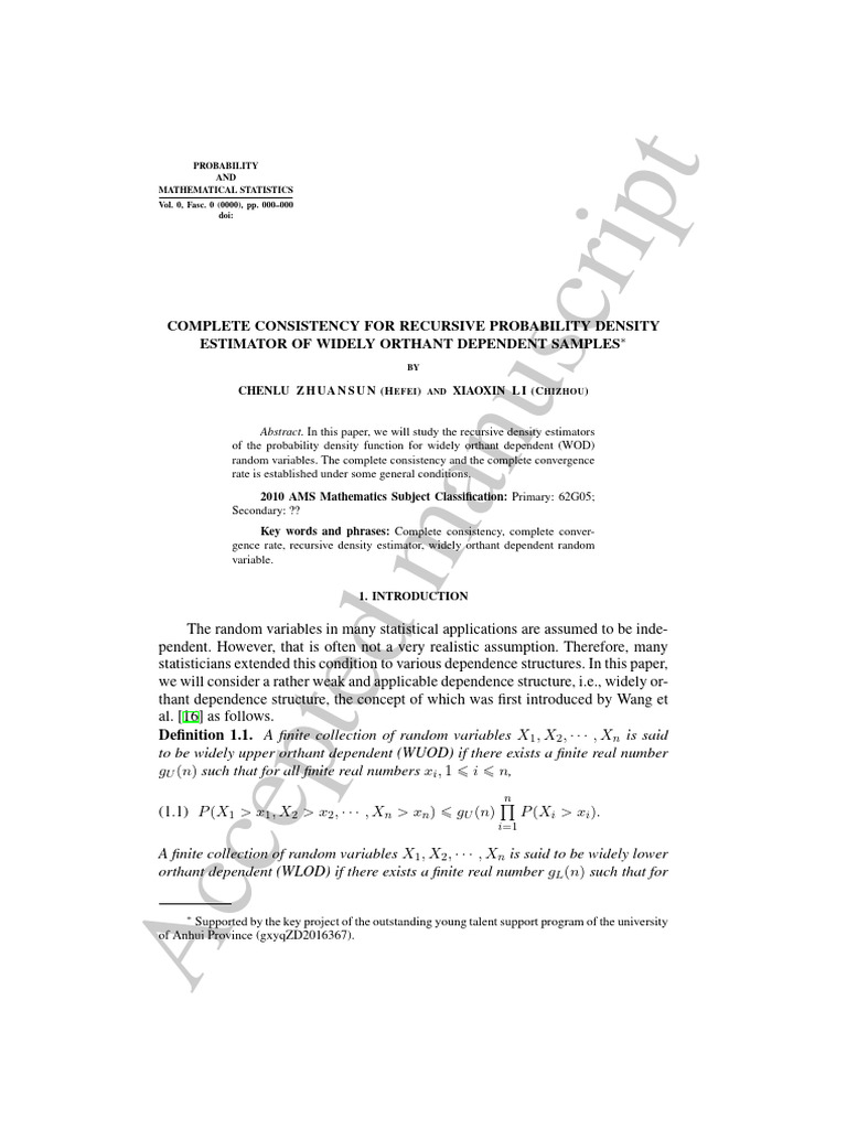 Manuscript: Complete Consistency For Recursive Probability Density Estimator of Widely Orthant ...