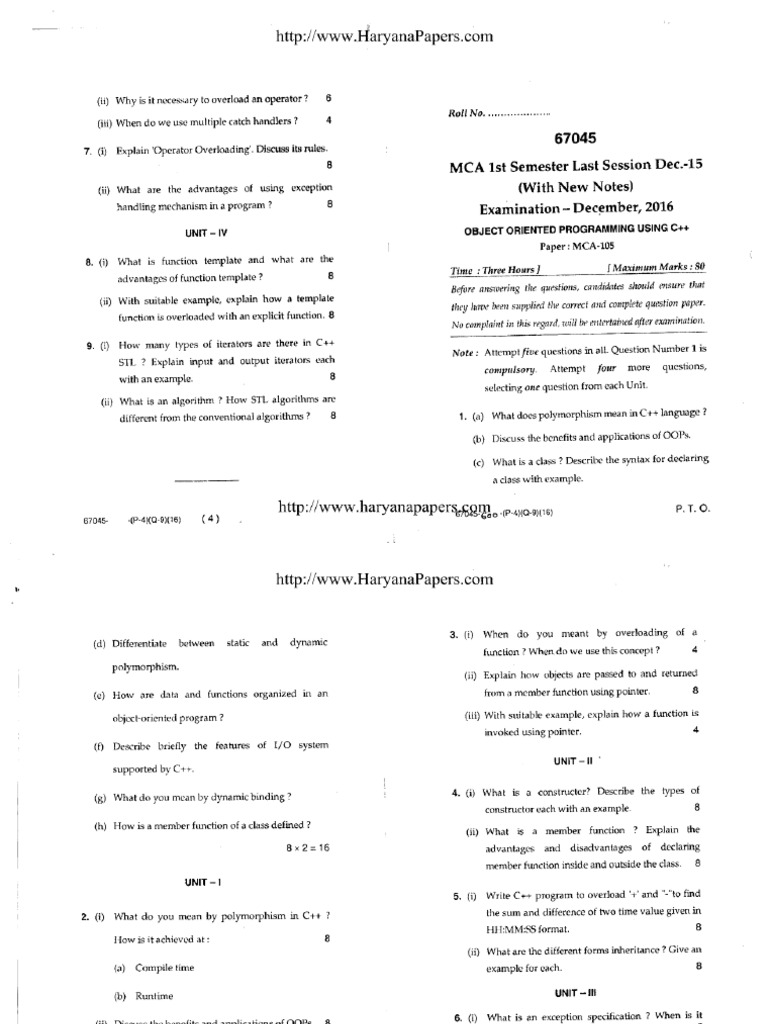 Mca 1 Sem Object Oriented Programming Using Cpp 67045 Dec 2016 Pdf