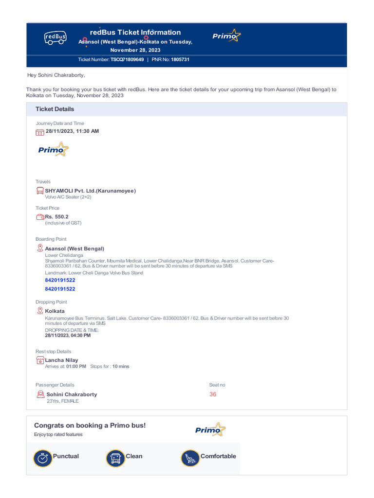 Asansol to Kolkata Volvo Bus Ticket | PDF | Bus | Baggage