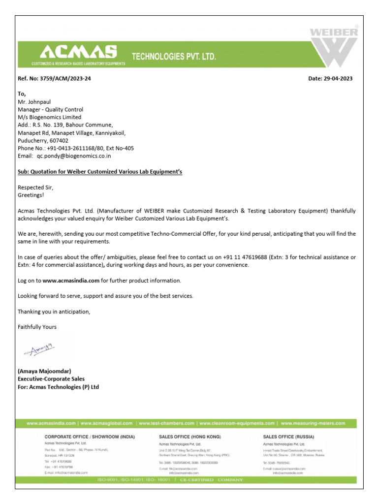 Quotation For Weiber Customized Various Lab Equipments - Biogenomics ...