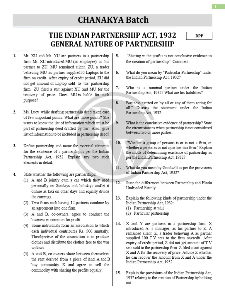 The Indian Partnership Act, 1932 - DPP - Chanakya | PDF | Partnership ...