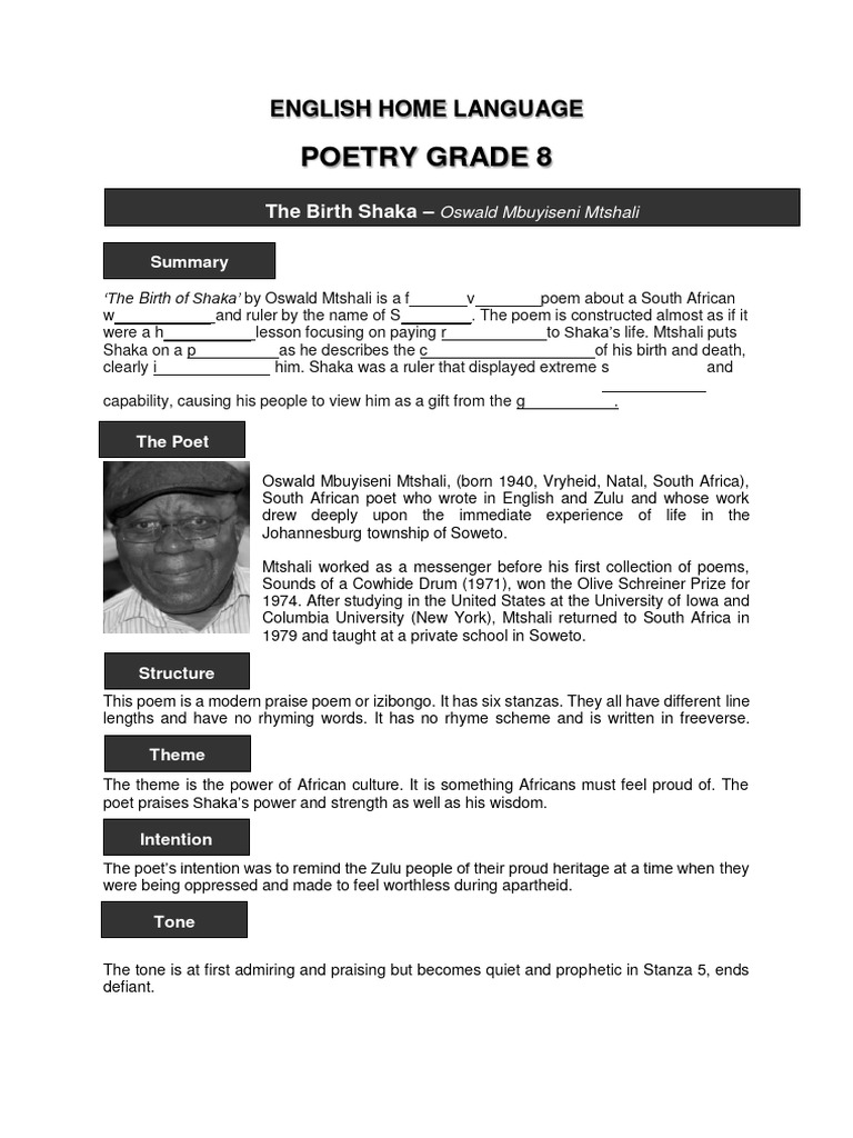 Grade 8 Poetry: 'The Birth of Shaka' Analysis | PDF | Poetry