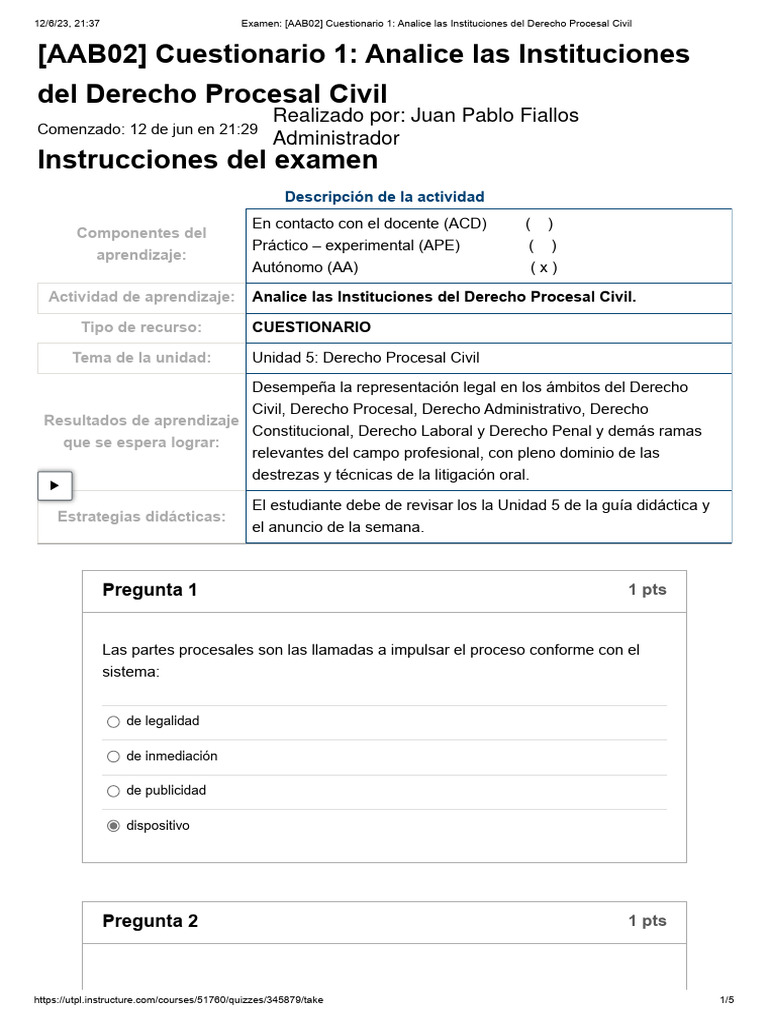 Examen - (AAB02) Cuestionario 1 - Analice Las Instituciones Del Derecho Procesal Civil-1 | PDF ...