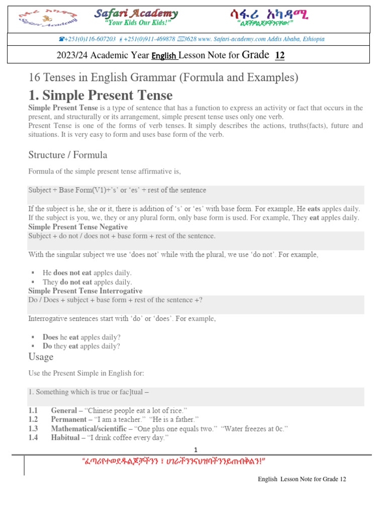English Lesson Note For Grade 12 | PDF | Verb | Perfect (Grammar)