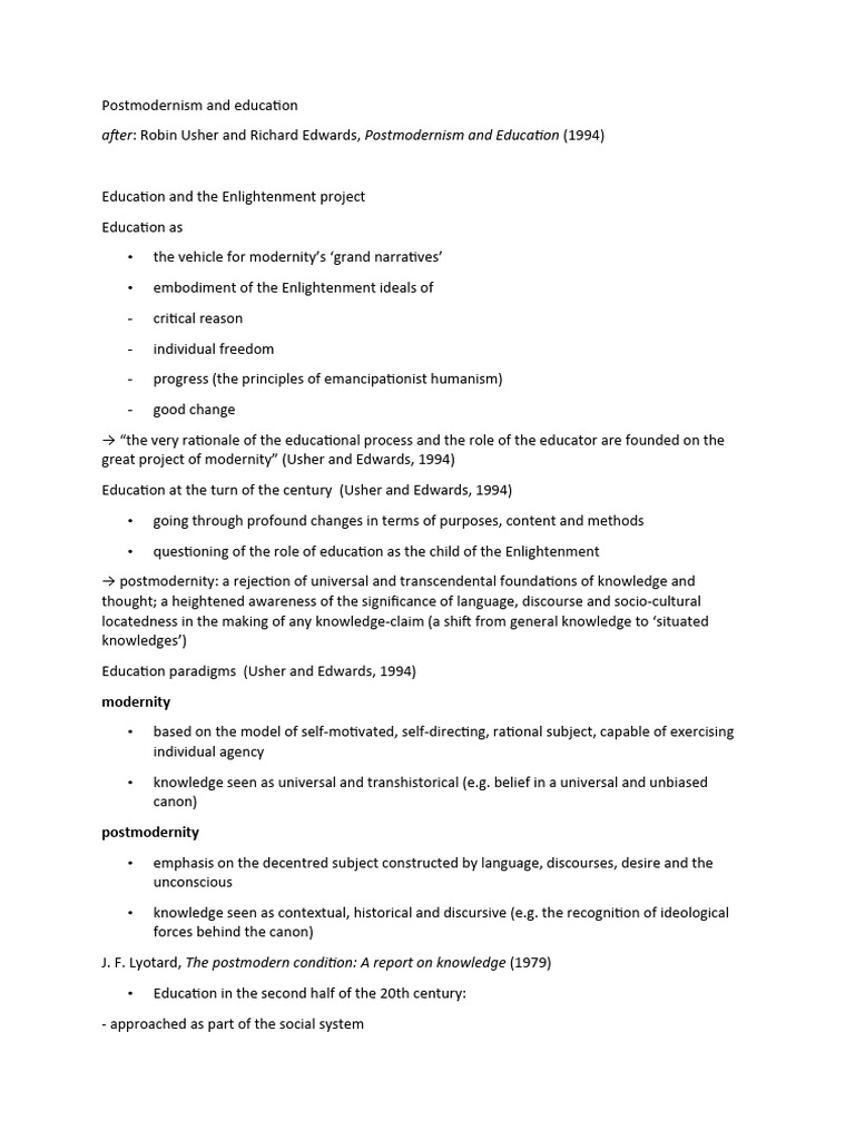 Postmodernism and Education-Outline | PDF | Philosophical Theories