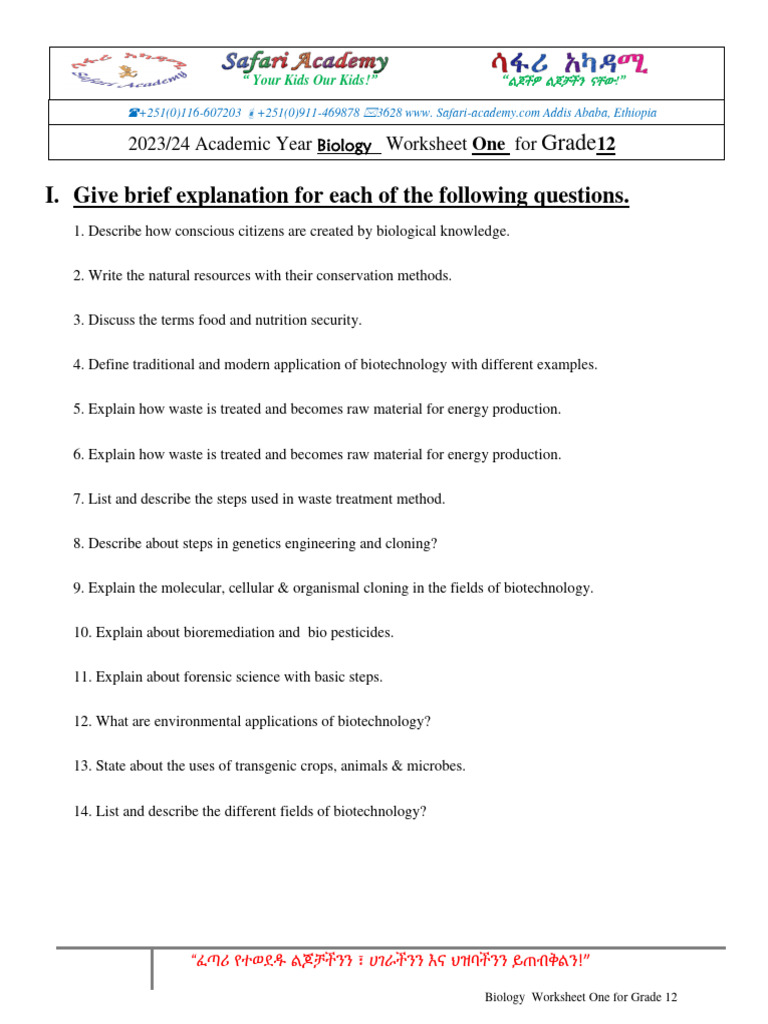 Biology Worksheet For Grade 12 .Dox. | PDF