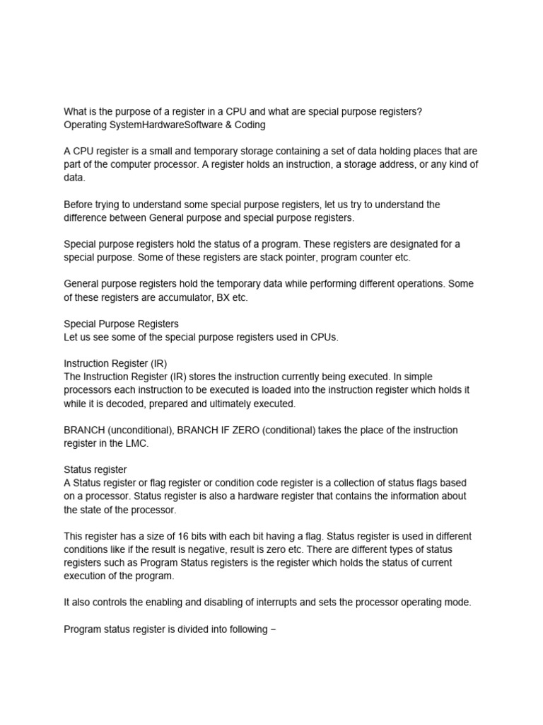 What Is The Purpose of A Register in A CPU and What Are Special Purpose Registers PDF | PDF ...