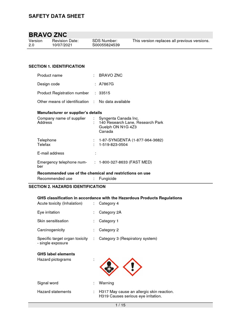 MSDS Bravo ZNC | PDF | Environmental Science | Medical Specialties