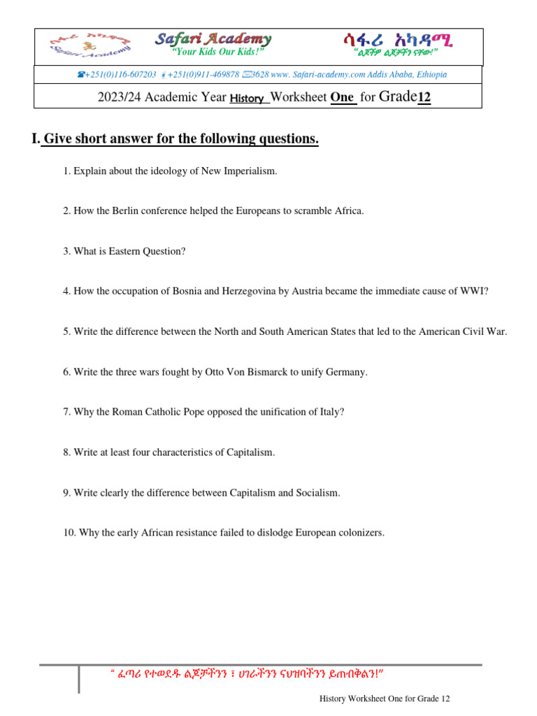 History Worksheet For Grade 12 .Dox. | PDF