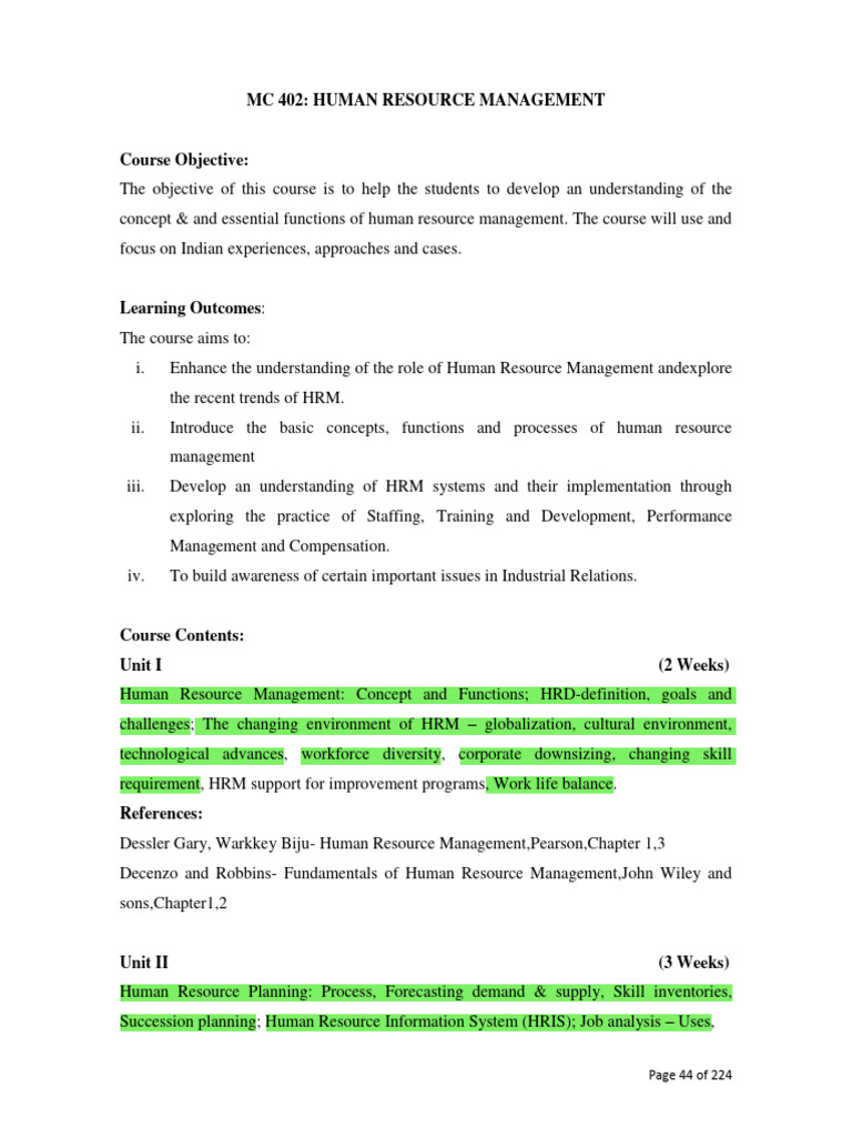 HRM 402 Course Outcomes and Curriculum | PDF | Human Resource Management | Resource Management