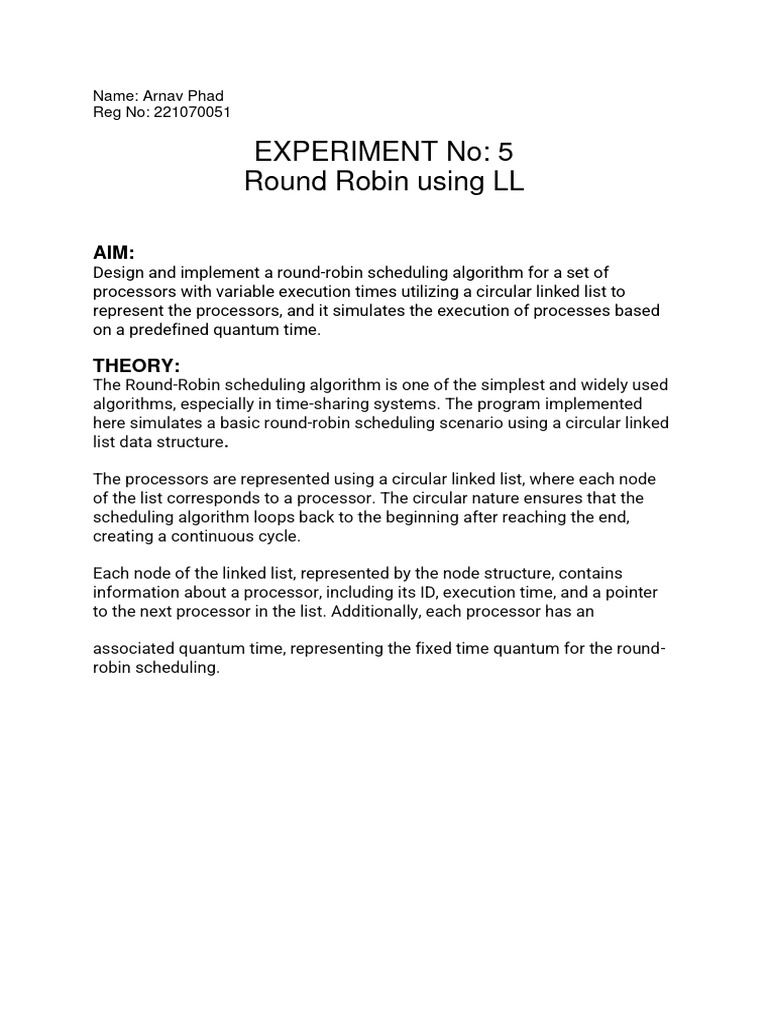Exp No 5 Round Robin Using LL 221070068 | PDF | Scheduling (Computing) | Computer Programming