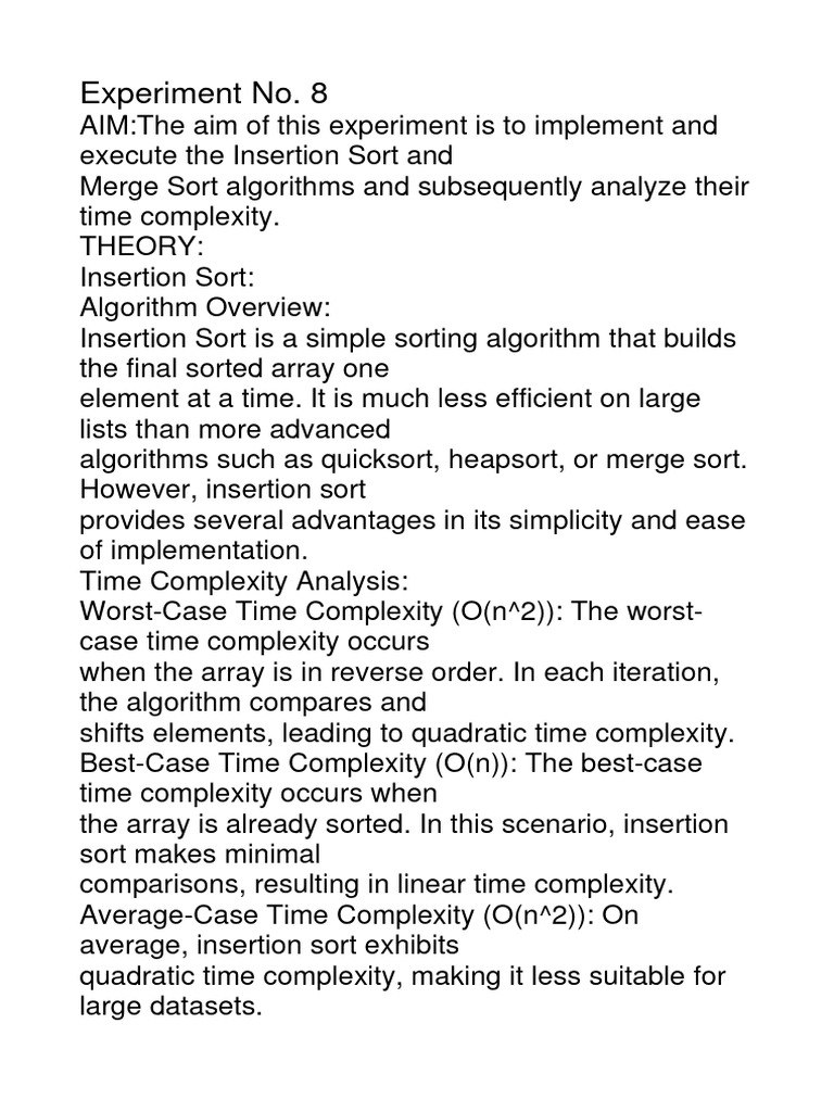 Insertion and Merge Sort 221070068 | PDF | Time Complexity | Computer Programming