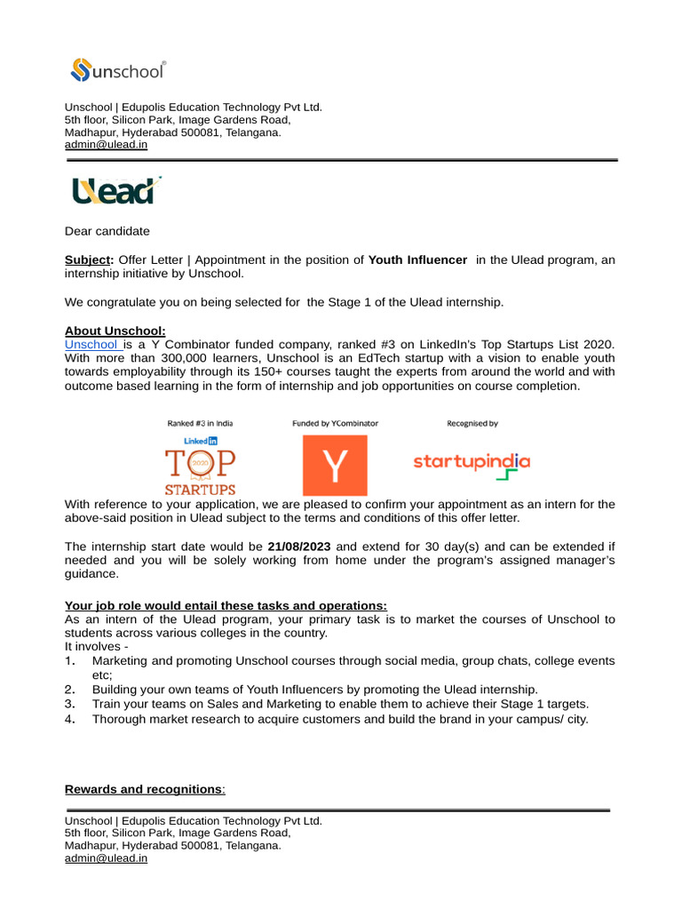 YI Offer Letter | PDF | Social Media | Popular Culture & Media Studies