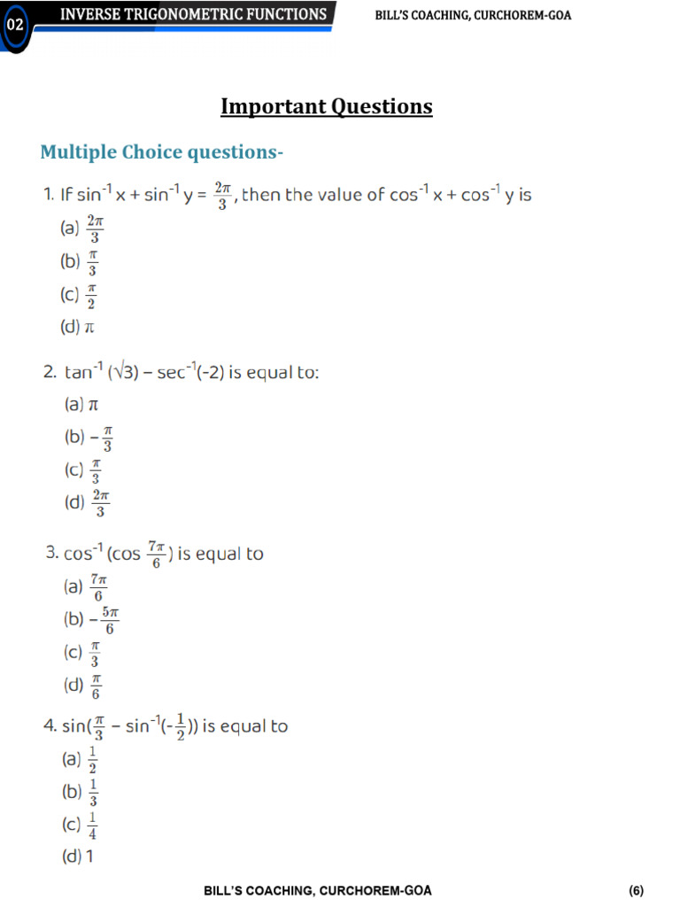 Chapter 2 Inverse Trigonometric Functions (Work sheet) | PDF ...