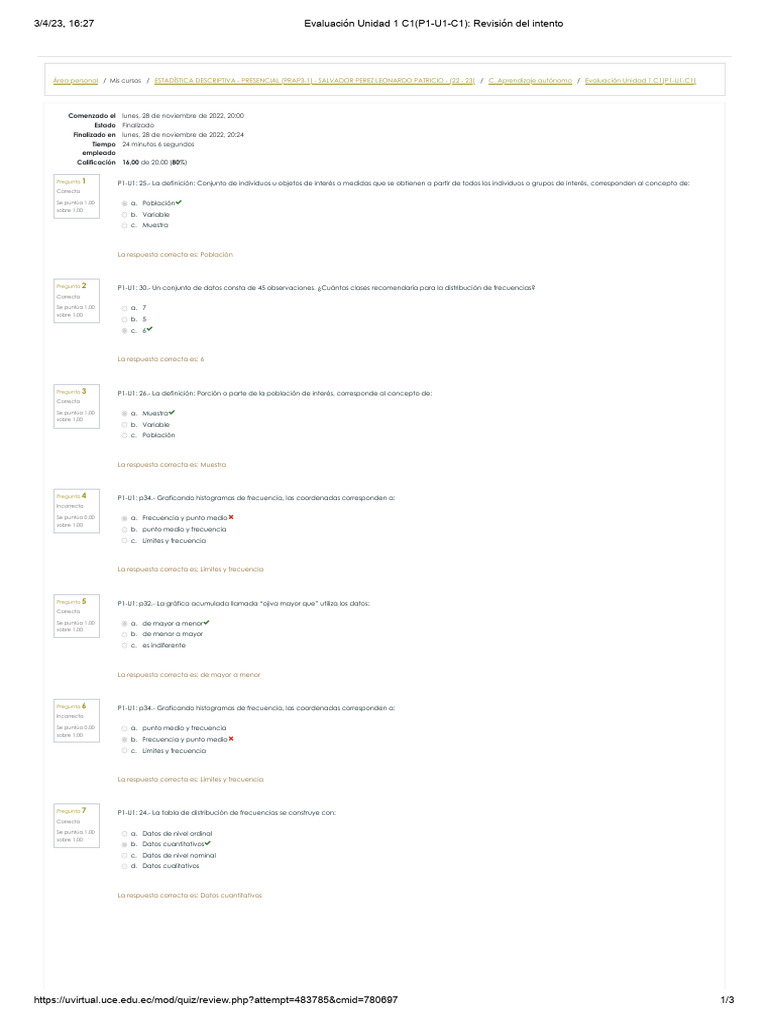 Evaluación Unidad 1 C1 (P1-U1-C1) - Revisión Del Intentoh | Descargar gratis PDF | Estadísticas