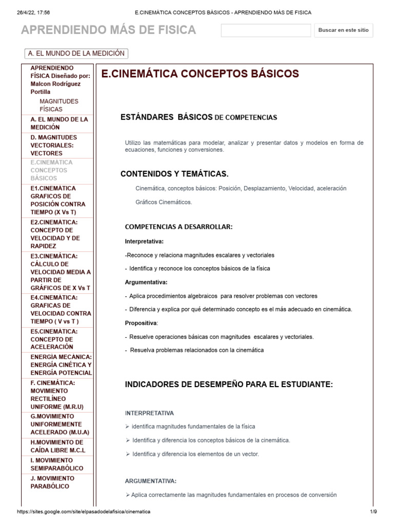 E.CINEMÁTICA CONCEPTOS BÁSICOS - APRENDIENDO MÁS DE FISICA | PDF | Cinemática | Trayectoria