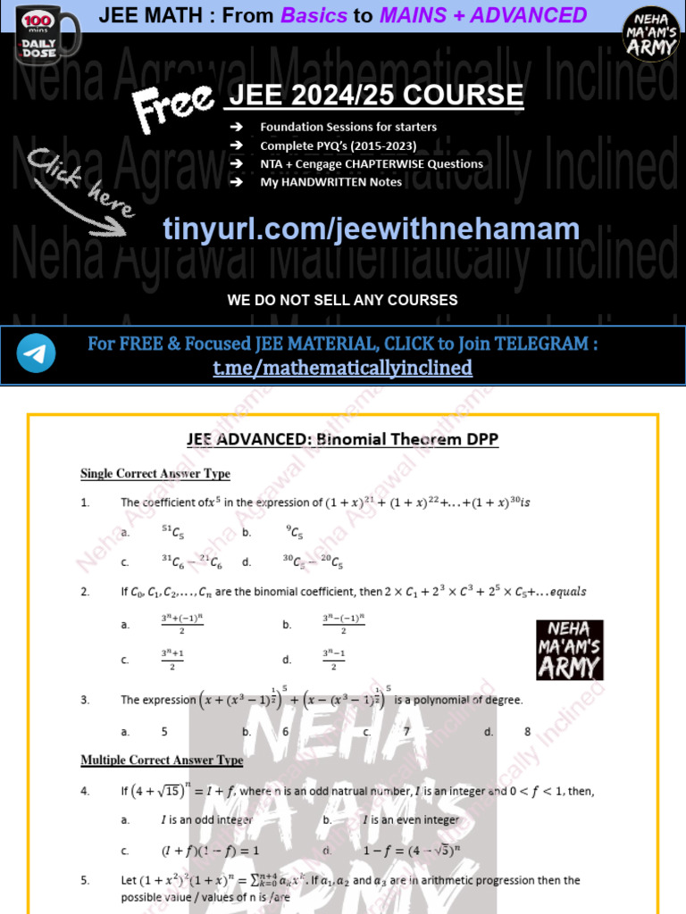 DPP - Question - JEE ADVANCED - Binomial Theorem | PDF | Combinatorics ...