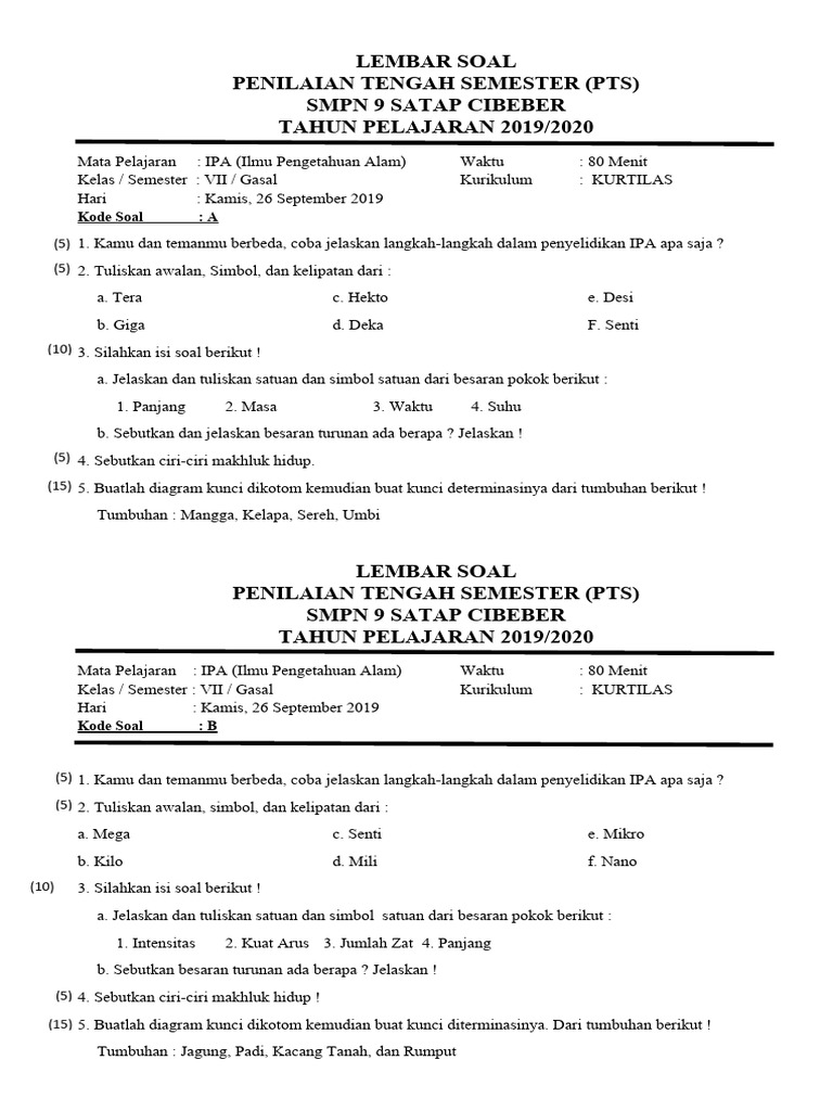 Soal Ipa VII | PDF | Kajian Bahasa Asing | Sains & Matematika