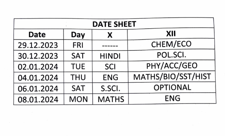 Date Sheet For 3rd Pre Board | PDF