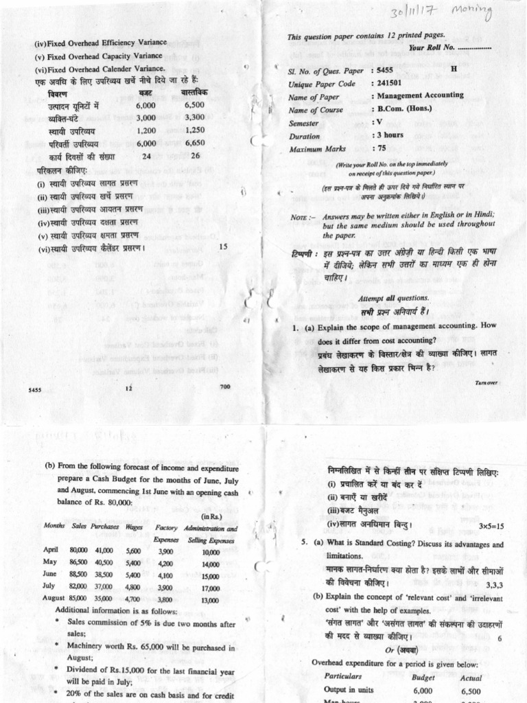 (Hons.) Practice Paper 2 - Management Accounting PYQ Paper For Sem 5 Uploaded by Navdeep Raghav ...