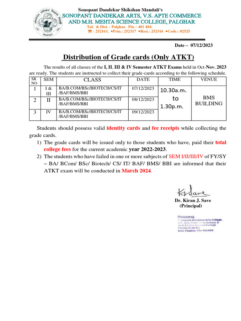 RESULT DISTRIBUTION NOTICE FY & SY (SEM I, Ii, Iii, Iv) | PDF