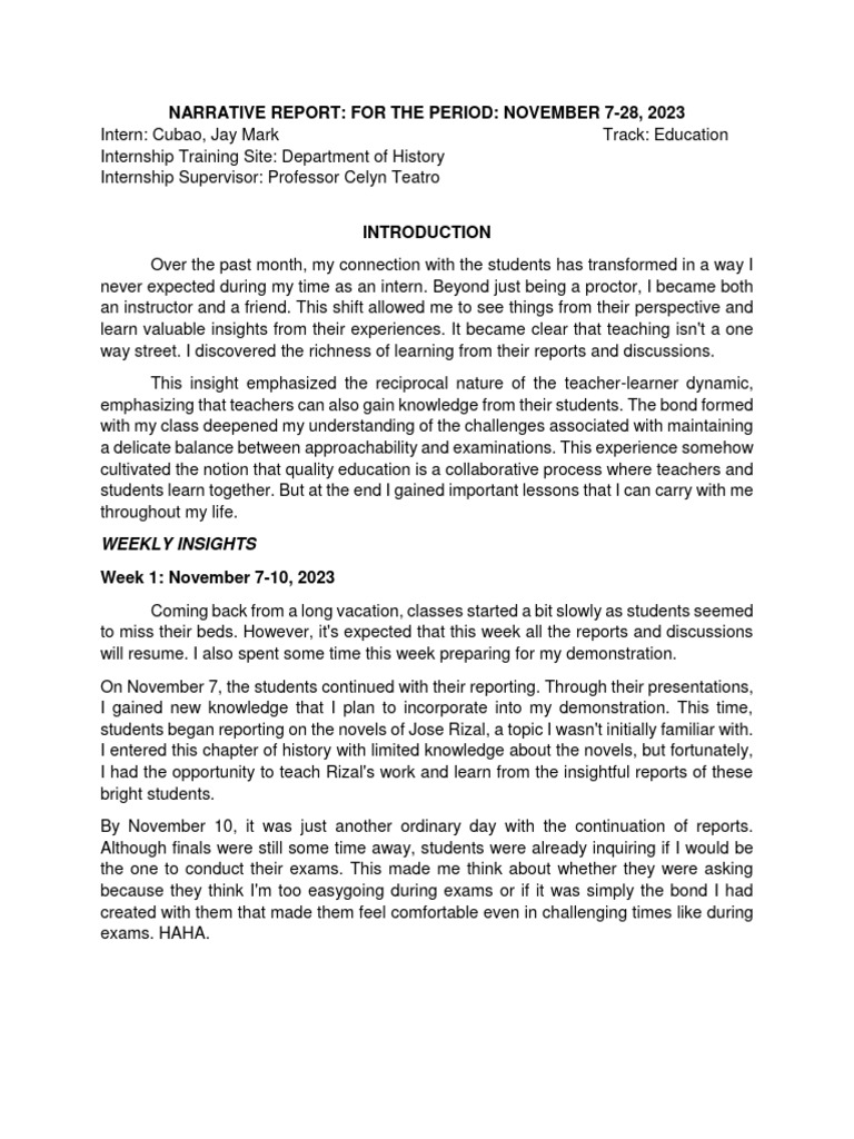 Cubao - Jaymark November Narrative Report | PDF | Internship | Job Hunting