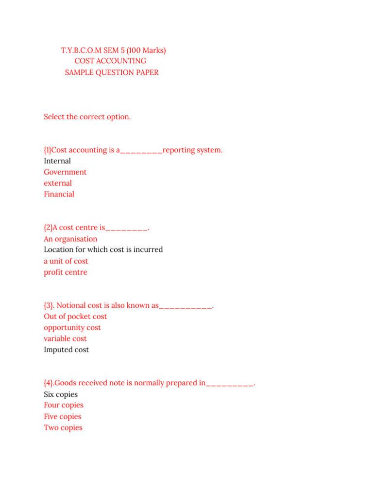 Cost Accounting SEM 5 (Sample Question Paper) | PDF | Cost | Cost Of ...