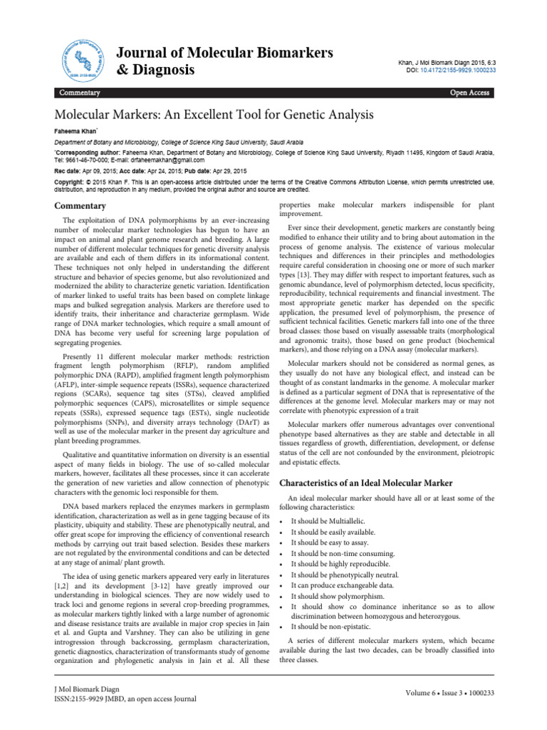 Journal of Molecular Biomarkers & Diagnosis: Molecular Markers: An Excellent Tool For Genetic ...