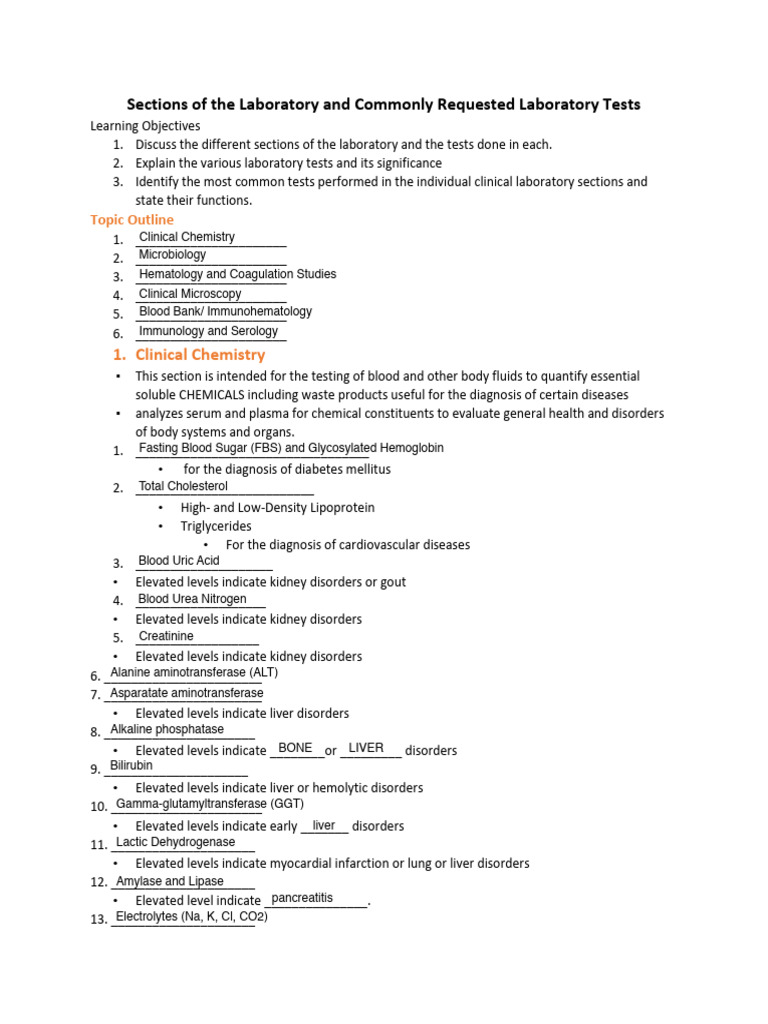 Sections of the Laboratory and Commonly Requested Laboratory Tests ...