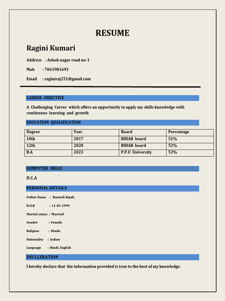 Resume: Ragini Kumari | PDF
