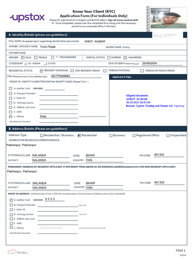 KYC Form for Individual Account Opening | PDF | Identity Document ...