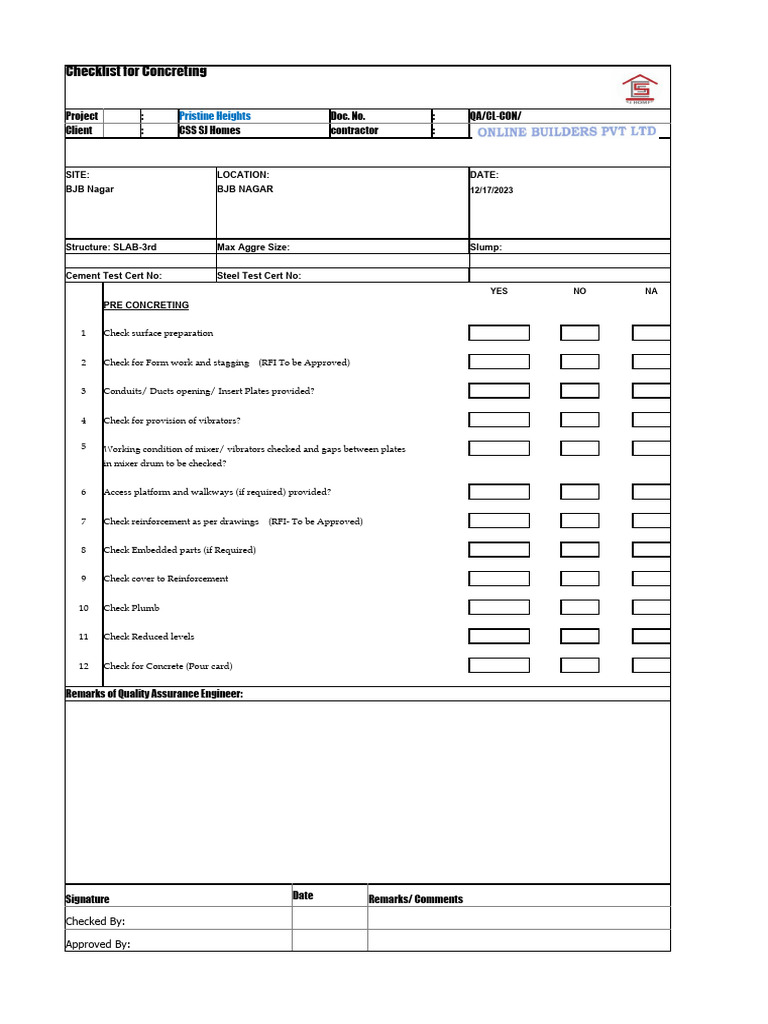 Checklist for Pre Concreting Excel Sheet | PDF