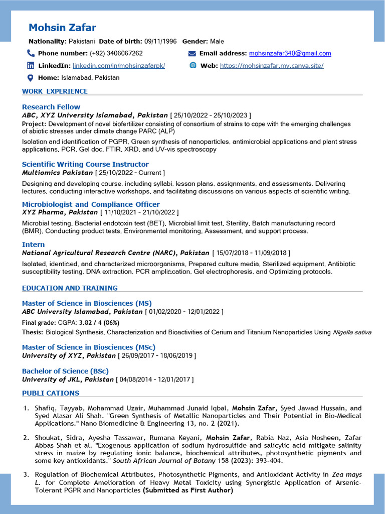 CV - Mohsin Format | PDF | Chemistry | Biology
