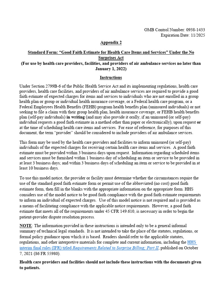 CMS 10791 Good Faith Estimate Model Notice | PDF | Health Insurance ...