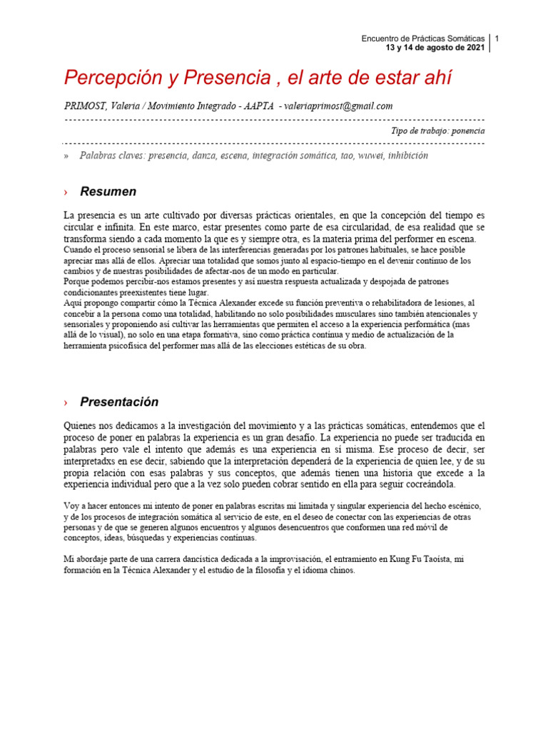 Primost, V. Percepción y Presencia - El Arte de Estar Ahí | PDF ...