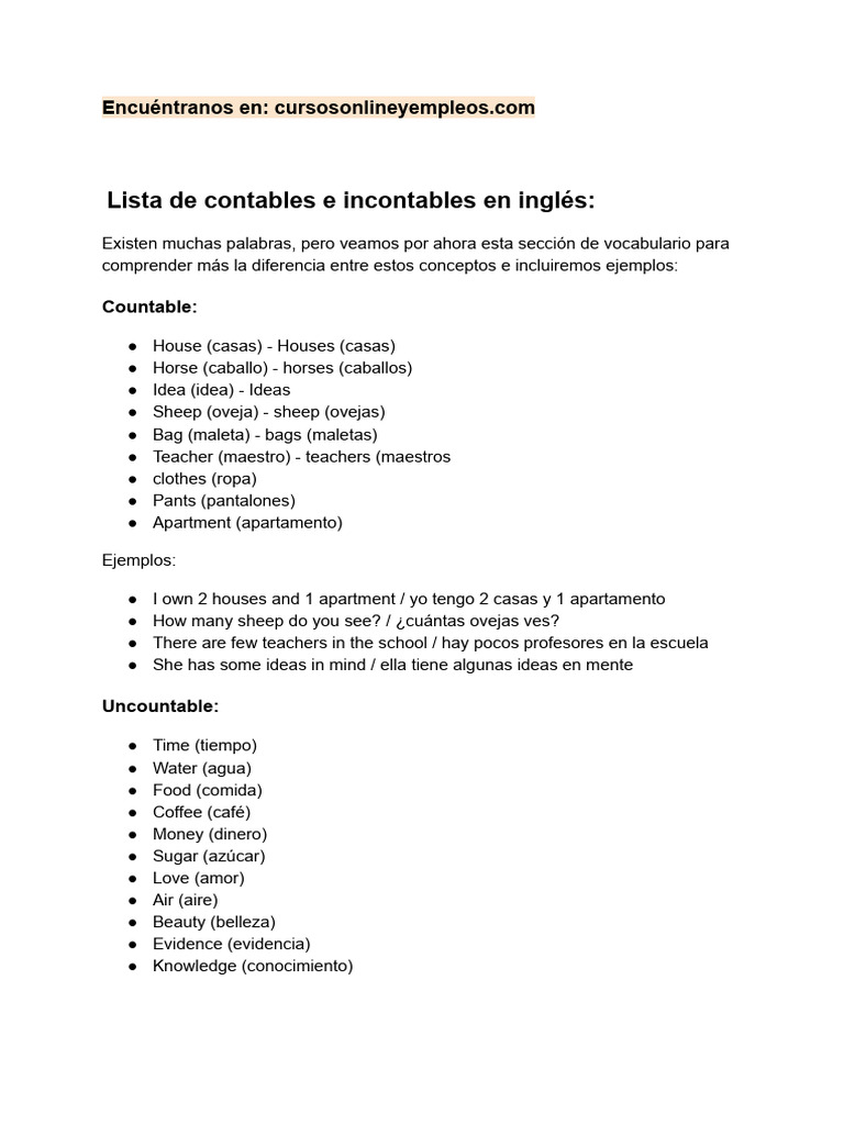 Contables e Incontables en Ingles | PDF