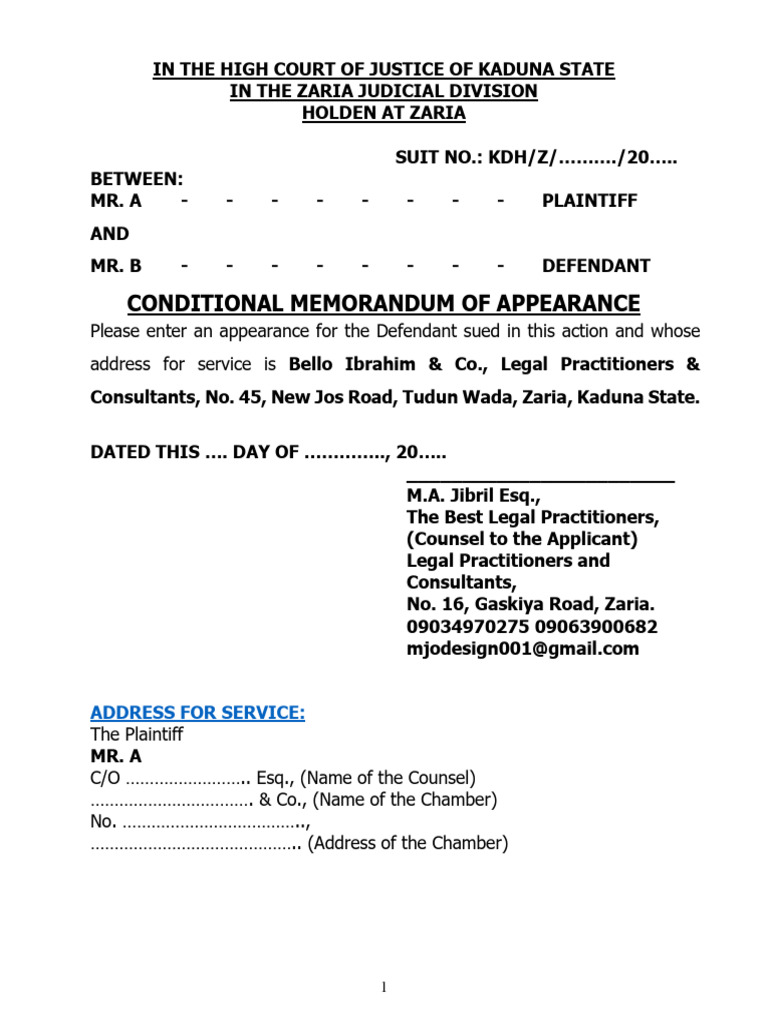 Conditional Memorandum of Appearance Sample | PDF | Politics