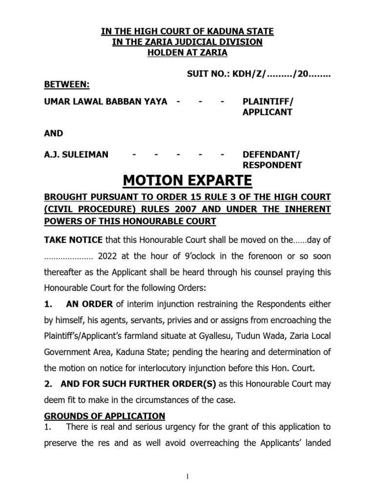 Motion Exparte For Interim Injunction Sample-1 | PDF | Lawsuit | Judiciaries