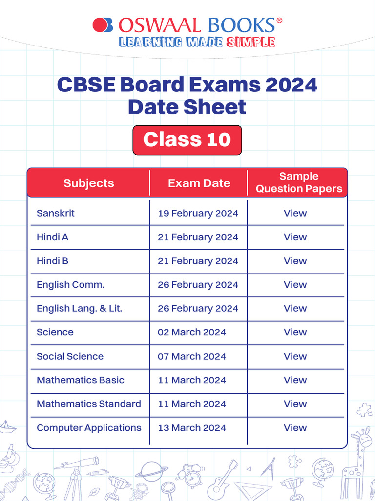 CBSE Class 10th Datesheet Boards 2024 | PDF
