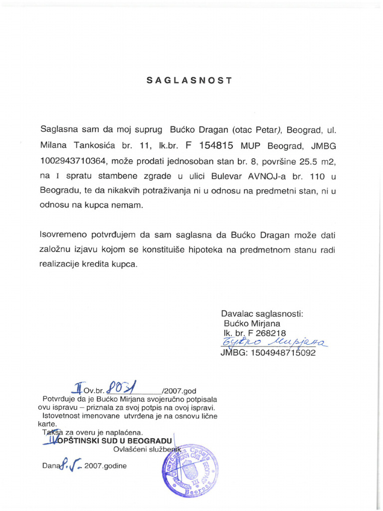 Saglasnost Supruge Bućko Mirjana - 08.05.2007. | PDF